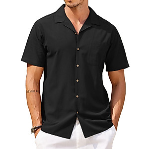COOFANDY Men Beach Linen Shirts Boho Hippie Shirts Summer Cotton Tops Big and Tall A- Black