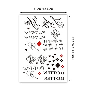 3-Pack Large Cosplay Clown Prince JOKAR & HARLI QUYNN Temporary Tattoos – 8.2 x 11.6 Inch Fake Tattoos for Cosplay, Halloween, and Parties