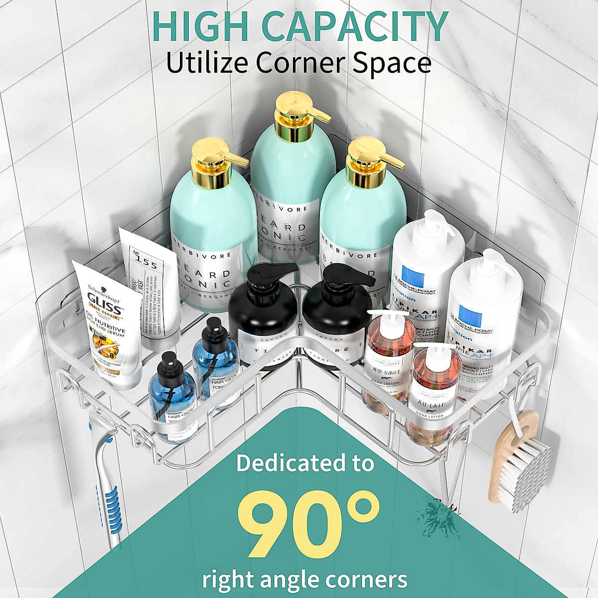 Moforoco Corner Shower Caddy - 3 Pack Shower Organizer with Soap Holder and 12 Hooks, Adhesive Shelves Rustproof for Bathroom, Silver