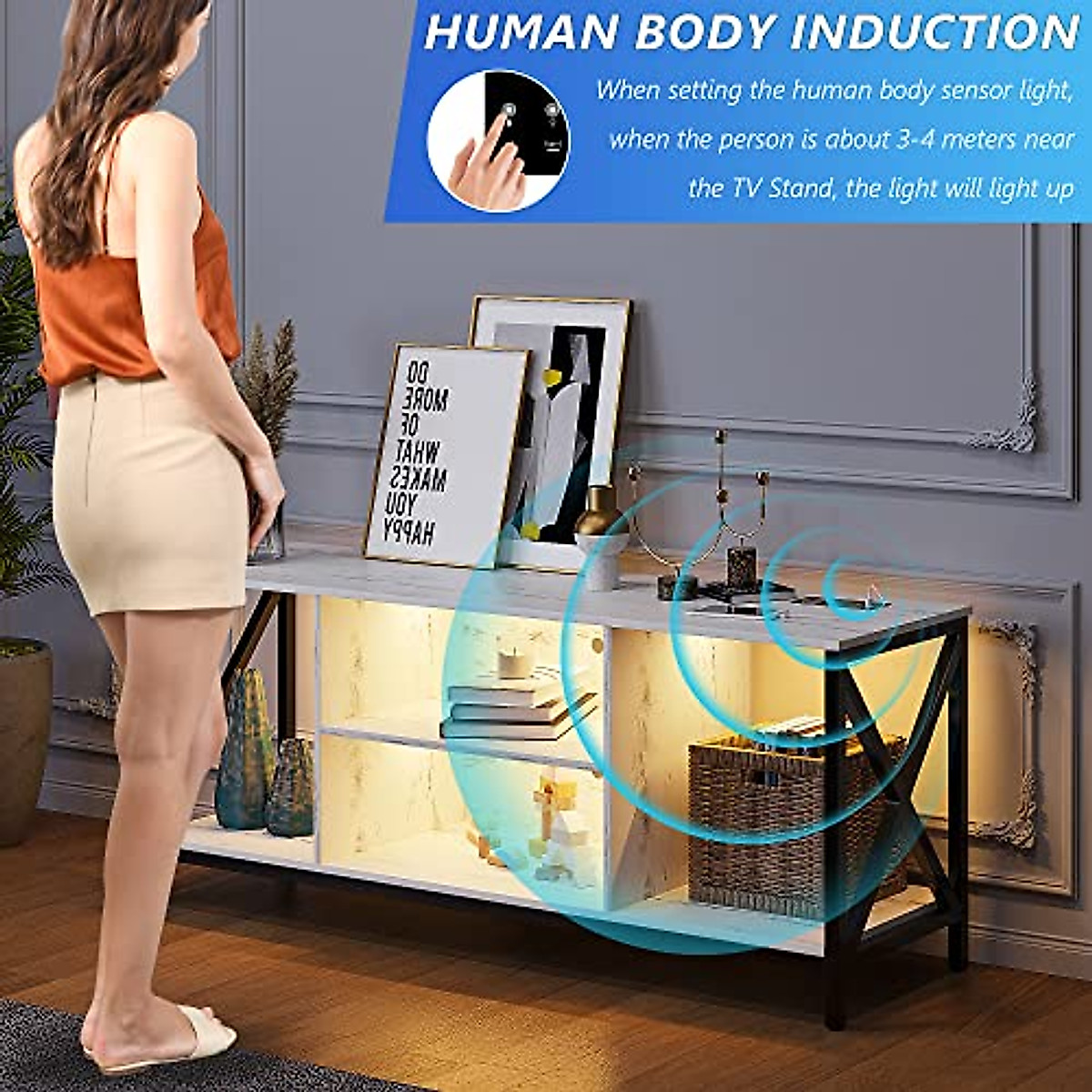 HNEBC LED White TV Stand with USB/Wireless Charging Station,Television Stands with Auto Induction/Adjustable LED Lights,TV Stand for 65+ inch TV and Storage Cabinet Suitable for Living Room (White)