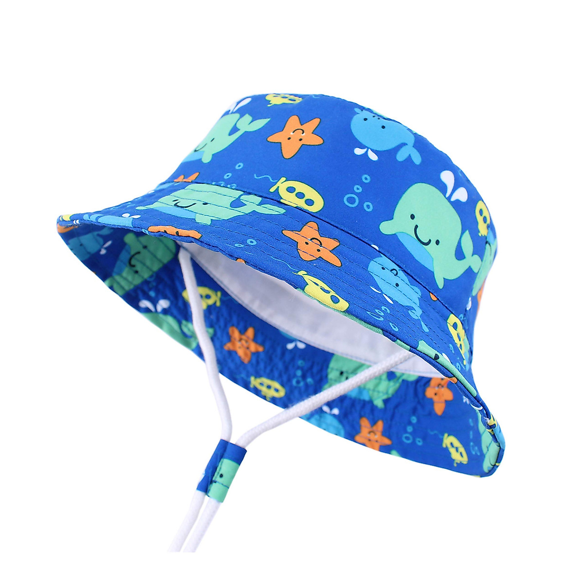 LANGZHEN Sun Protection Hat for Kids Toddler Boys Girls Wide Brim Summer Outdoor hat Baby Bucket Hat with Chin Strap (Blue-Whale, M: 1T-2T (50cm /19.7"))