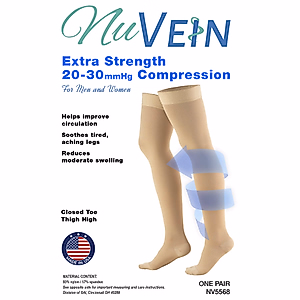 NuVein Medical Compression Stockings, 20-30 mmHg Support, Women & Men Thigh Length Hose, Closed Toe, Beige, Medium