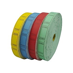 DNB 8000 Pcs Raffle Tickets - 4 Color Set of 2000 Pcs 2 x 1 Inch Single Roll Consecutively Numbered Blank Tickets - Blue/Yellow/Red/Green