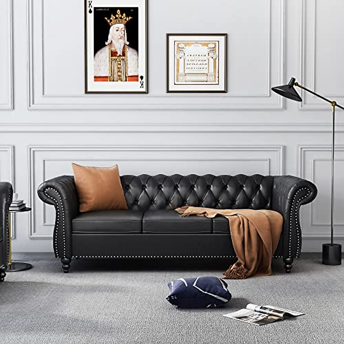 AVZEAR Leather Sofa 3 Seater Couch, Large Sofa Furniture Roll Arm Classic Tufted Chesterfield Settee Leather Sofa with Channel Tufted Seat Back for Living Room, Black PU