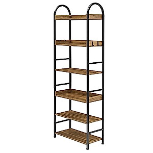 DHAEY Modern Bookshelf 7 Tier with 4 Hooks,Industrial Wood Bookcase,Vintage Storage Rack with Open Shelves,Rustic Standing Bookshelves Metal Frame Display Rack for Bedroom,Rustic Brown