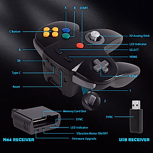 2.4 GHz Wireless N64 Switch Online Controller, USB Receiver & N64 Receiver, Compatible with Windows PC Laptop iOS Mac Raspberry Pi, N64 / Switch Online/NSO - (Plug and Play) (Rechargeable) Black