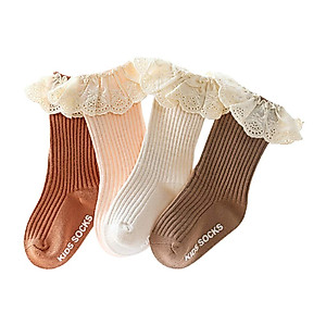 N / D Newborn Toddler Kids Baby Girls Infant High Knee Knitted Socks Cute Ruffle Lace Long Stockings Fall Winter (Beige White, 0-1 Years)