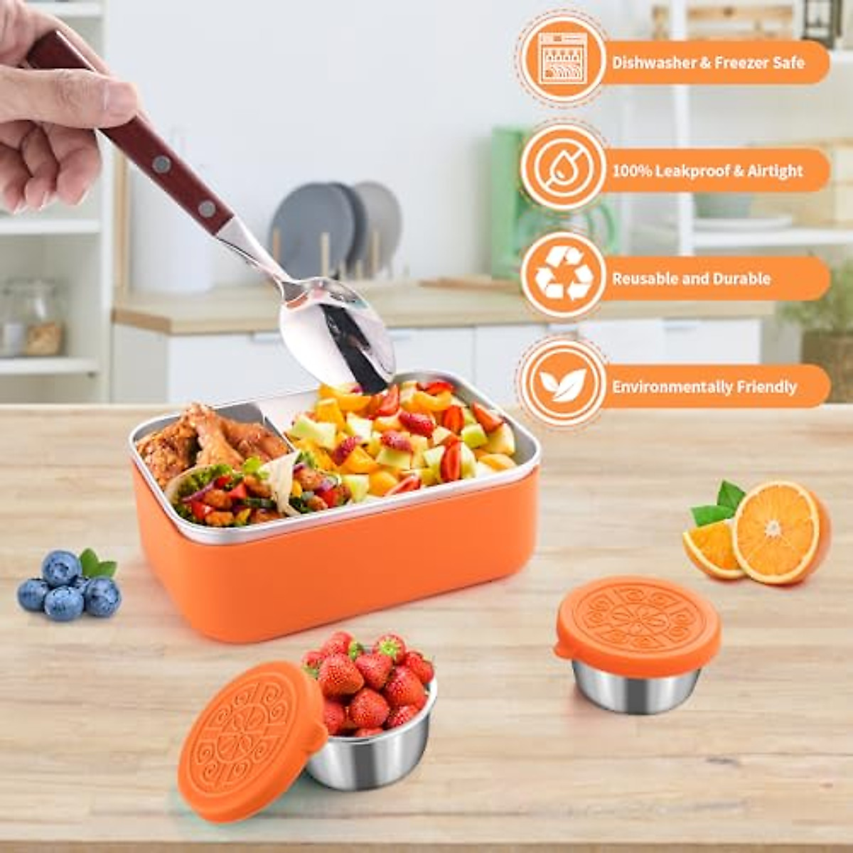 LEGELITE Bento Lunch Box Container, Stainless Steel Bento Box with Removeable Compartments and 2 sauce cups, Dishwasher, Freezer Safe, BPA-Free -Sage (Orange)