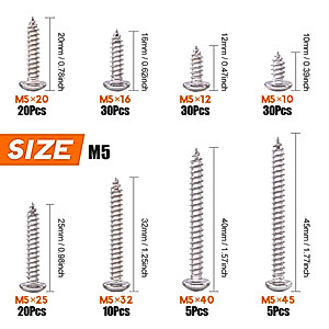 Rustark 150Pcs M5 304 Stainless Steel Round Pan Head Phillips Cross Screws Drive Self-Drilling Screws Assortment Kit