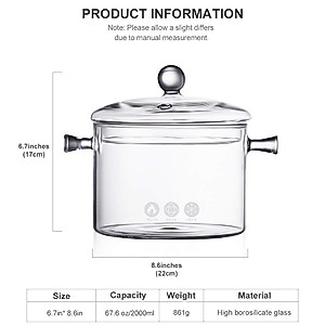 Glass Saucepan 2.0 Liter - Heat Resistant Glass Cooking Pot with Lid Sauce Pan for Soup, Pasta & Baby Food (2000ml/68oz)