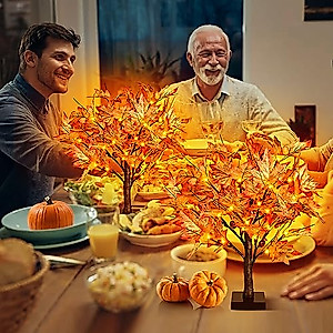 FastDeng 1.5ft Lighted Maple Tree, Artificial Fall Maple Tree with 36 LED Lights, 72 Leaves,6 Acorns, Autumn Tabletop Tree with Burlap Base for Indoor Fall Harvest, Thanksgiving Decorations (2Pack)