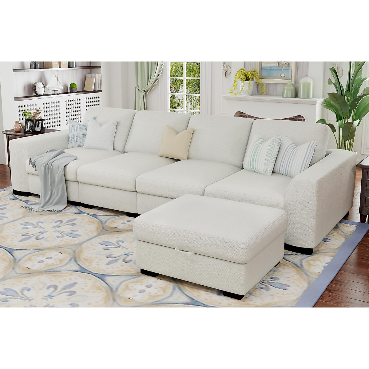 Youmumeub Oversized Modular Sectional Couch with 4 Lumbar Pillows, L Shaped Couches for Living Room, 130" 4 Seater Sofas with Storage Ottoman U Shaped Sofa, Beige