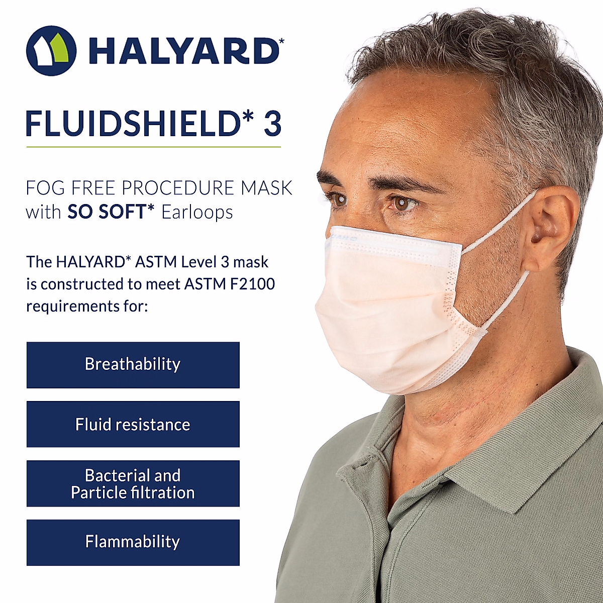 HALYARD FLUIDSHIELD 3 Disposable Procedure Mask, with SO SOFT Earloops, Fog-Free, Pleat-Style, Orange, Level 3, 28797 (Box of 40)
