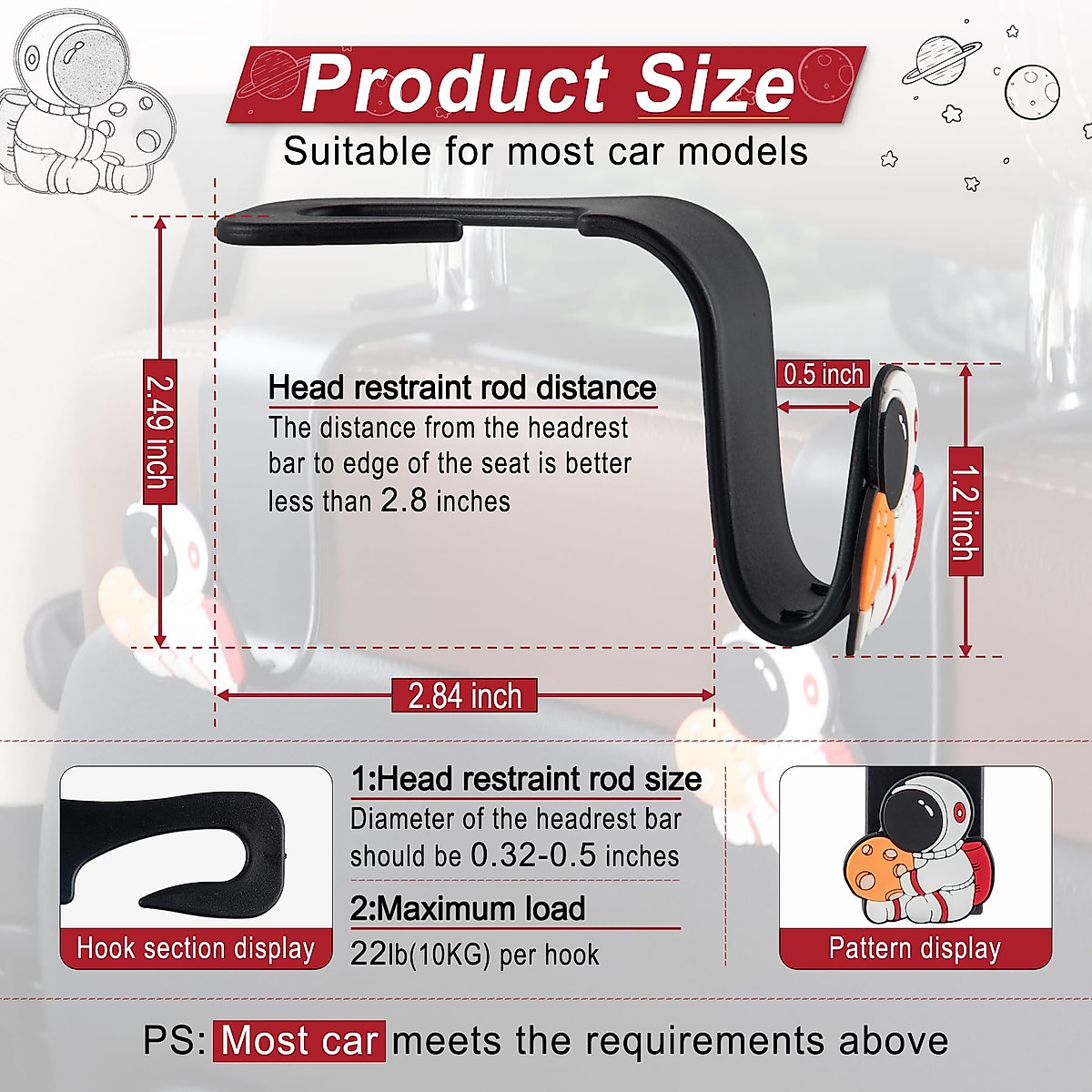 GaRhomxy Car Headrest Hidden Hook, 4 Pack Astronaut Car Seat Headrest Hook, Car Accessories Interior for Women and Man, Car Must Haves(Orange)