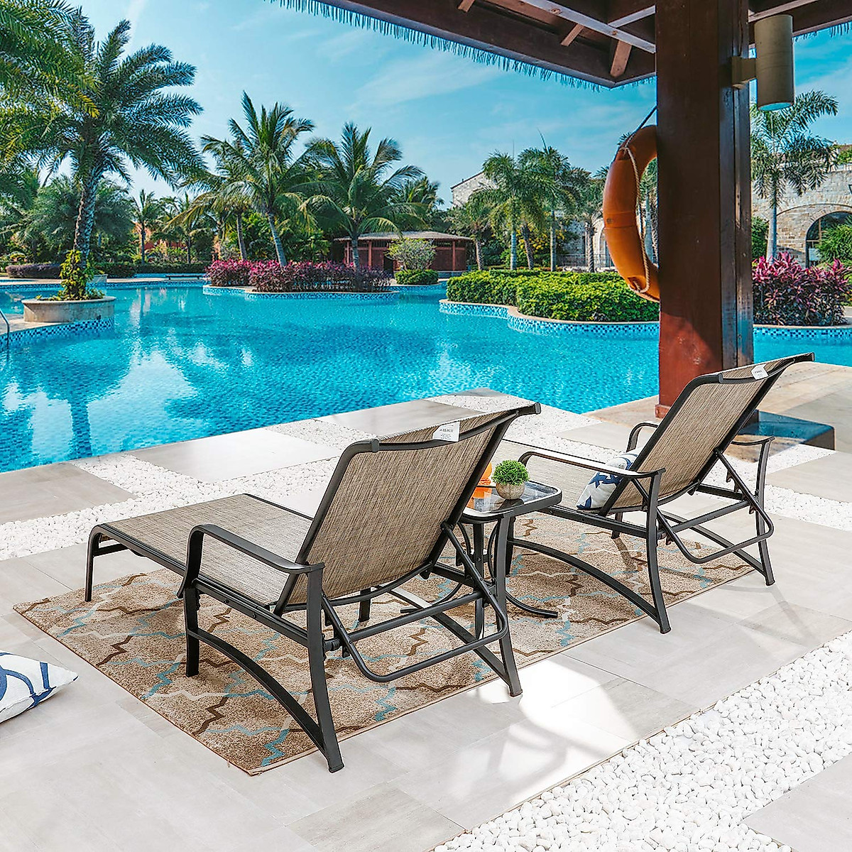 Sports Festival 3 Pcs Chaise Lounge Set of 2 Patio Chairs with Adjustable Backrest in 4 Reclining Levels and 1 Metal Bistro Table with Tempered Glass Top Outdoor Furniture for Poolside