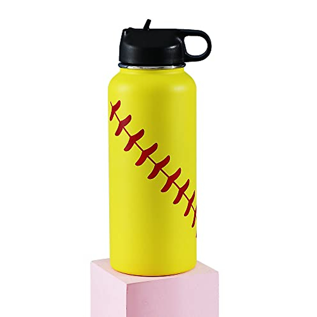 32 oz Baseball Sports Water Bottle Insulated 2 Lids Straw Travel Tumbler Durable Stainless Steel Vacuum Bottle (Yellow)
