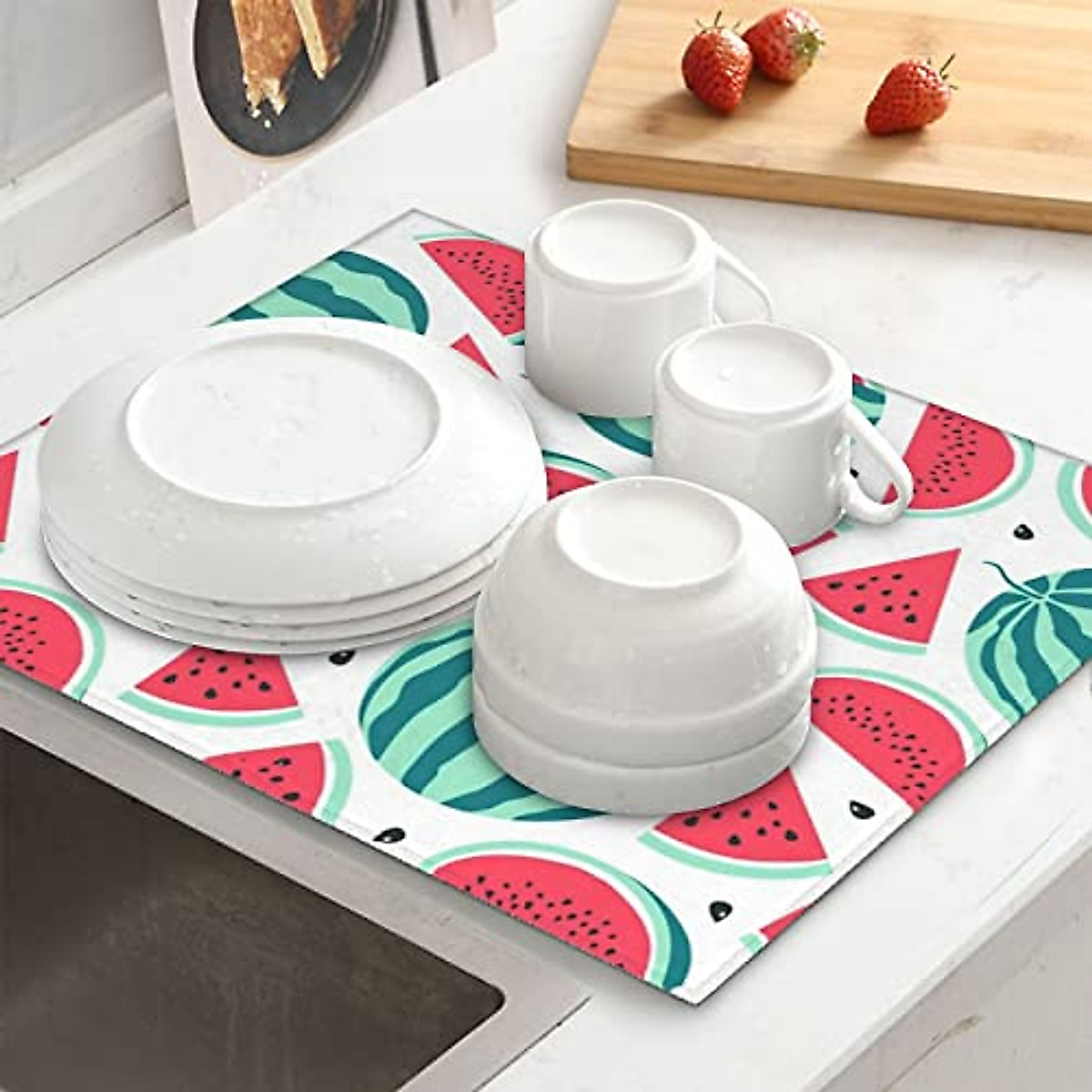 Fruits Watermelon Printed Drying Mat For Kitchen Ultra Absorbent Microfiber Dishes Drainer Mats Non-Slip Silicone Quick Dry Pad - 18 X 16inch