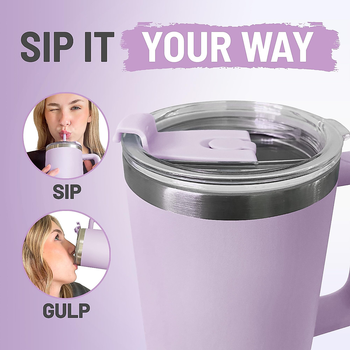 Crave Cups 40oz Tumbler with Lid and Straw l Reusable Spill Proof Double Wall Insulated Stainless Steel Water Bottle Travel Mug l Cupholder Friendly Vacuum Sealed Tumbler with Handle (Lavender)