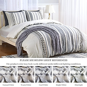 Cotton Jacquard Duvet Cover Set King Size, 3 Pieces Boho Yarn-Dyed Geometric Textured Farmhouse Duvet Cover Set with Waffle and Tufted Dots, 104x92 Inch