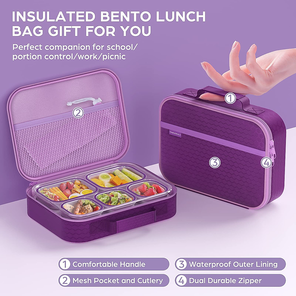 Lunch Box Stainless Steel Bento Box with Lunch Bag & Fork, Leakproof Bento Lunch Box for Adults Kids Bento-Style School Lunch Box 5 Compartments Lunch Containers, BPA-Free, Dishwasher Safe (Purple)