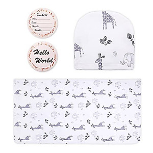 Elstey Newborn Swaddle Receiving Blanket Hat Set for 0-3-6 Months Babies, Soft Nursery Wrap for Infant Boy Girl, Stretchy Swaddling Sleep Sack, Baby Photography Props, Perfect Shower Gift (Giraffe)