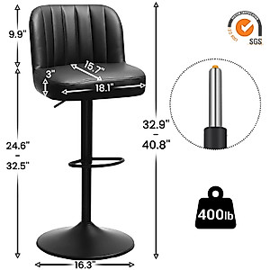 DICTAC Leather Bar Stools Set of 2, Black Barstools Bar Height Set of 2, Swivel Counter Height Bar Stools, Adjustable Bar Chairs for Kitchen, Capacity 400lbs