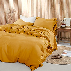 L Linen World Linen Duvet Cover Set 100% Stone Washed French Flax Pure Linen Duvet Covers Cooling Duvet Cover Queen Size Linen Bedding Set 1 Linen Duvet Cover 2 Pillowcases (Yellow,Queen)