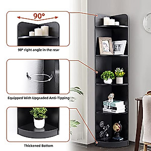 Fun Memories 5-Tier Corner Bookshelf - 63" Tall Modern Free-Standing Corner Bookcase - Durable Wood Corner Cabinet and Plant Shelf in Sleek Black for Living Rooms, Bedrooms, Kitchens and Offices