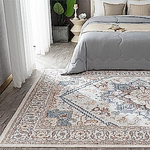 Syalife Washable Rug Vintage Area Rugs, 8'x 10' Living Room Rug with Non Slip Backing, Ultra-Thin Medallion Distressed Non-Shedding Boho Rug, Persian Vintage Floor Mat Indoor Rug (FG11-Beige, 8'x 10')