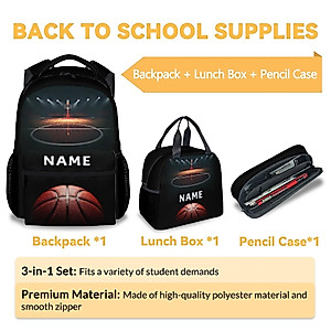 Mercuryelf Custom Basketball Backpack with Lunch Box And Pencil Case, Personalized Elementary Kindergarten School Preschool Bookbag for Boys Girls Kids, Set of 3