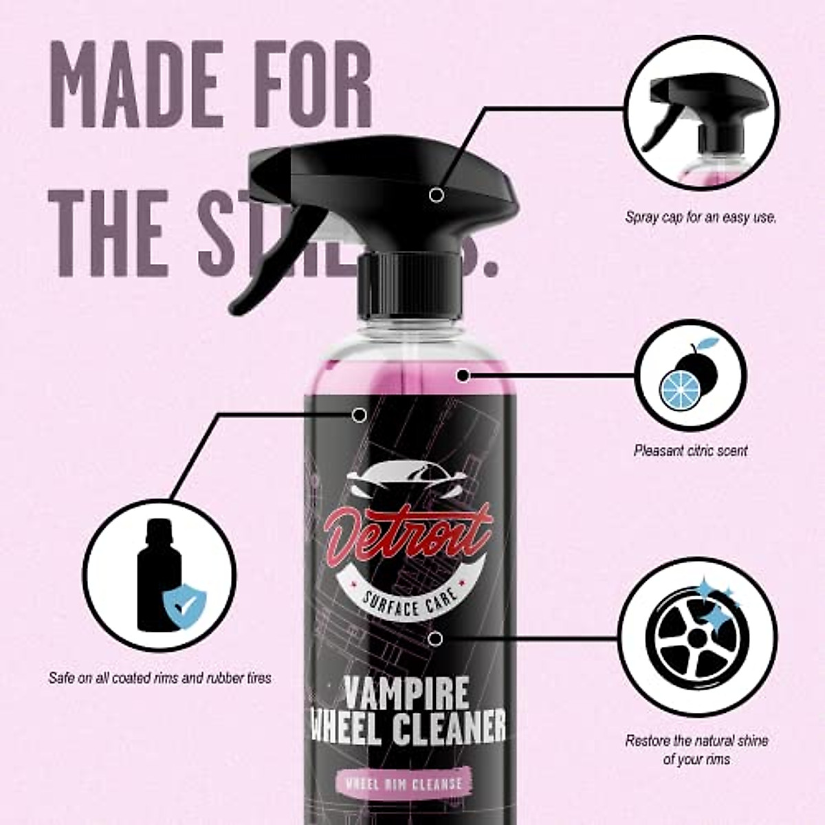 Detroit Surface Care Vampire Wheel Cleaner - Strongest Wheel Cleaning Spray - Brake Dust Remover - Safe On Clear Coated, Plasti Dipped and Chrome Wheels
