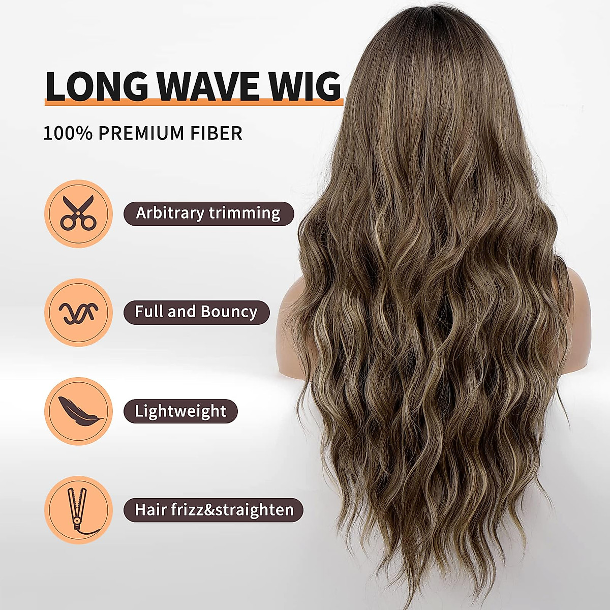 KOME Ombre Brown Wigs with Bangs,Brown Highlight Long Wavy Wig for Women,Long Curly Wigs Synthetic Hair Wig for Party Cosplay Daily Use 24IN