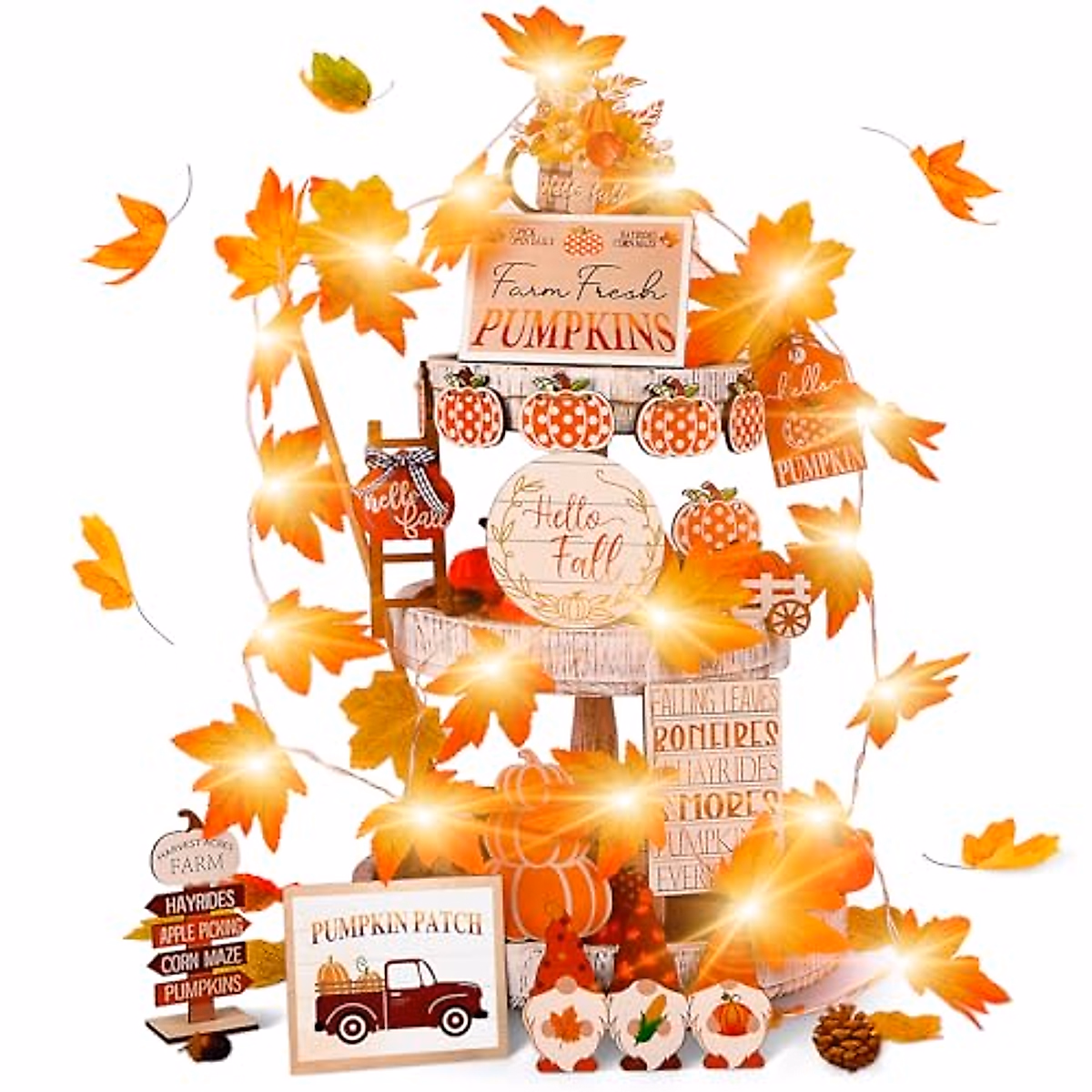 Harvest Fall Tiered Tray Decor with Lights - 19 Pcs Set Includes Gnome Signs, Leaves Garland, Pumpkin for Home Table