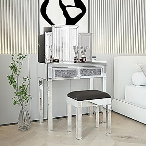 AUWHALEUS Mirrored Vanity Table Set, Crystal Diamond Decor Glass Makeup Table with PU Leather Cushion Stool & Tri-Fold Mirror for Bedroom (Vanity Table 3 Piece Set)