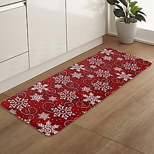 Briskdecor Kitchen Rugs - Winter Christmas Snowflake Red Cushioned Anti Fatigue Comfort Standing Kitchen Rugs for Floors, Non-Skid Waterproof Kitchen Mat, 20"x24"+20"x48"