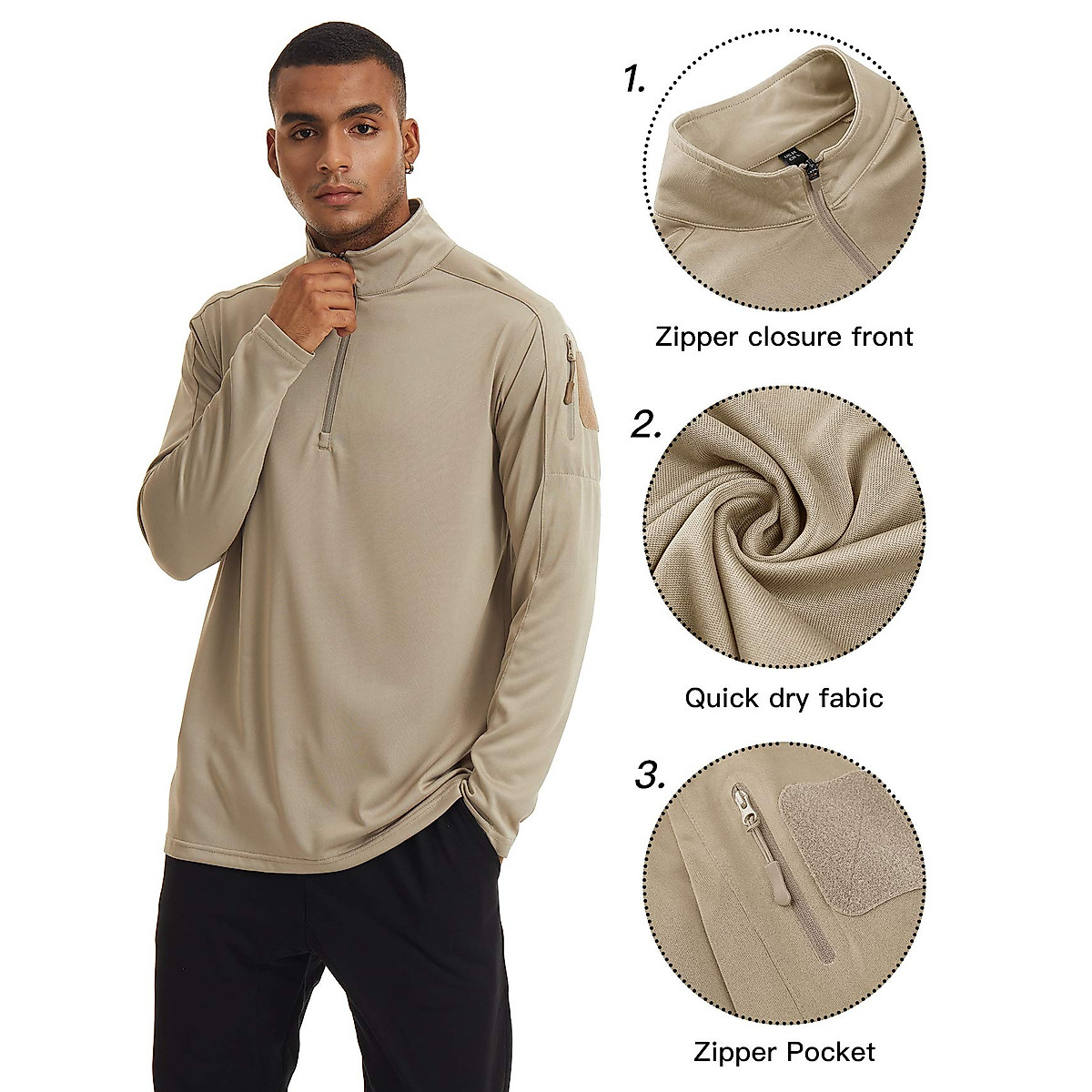 TACVASEN Polo Shirts for Men Workout Quick Dry Fitness Golf T-Shirt with Zip Pocket Grey L