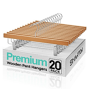 SMARTOR Wood Pants Hangers - 14inch, 20 Pack Skirt Hangers Shorts Hangers with 2-Adjustable Clips, Pants Hanger Wooden as Slack Hanger, Jeans Hangers, Trousers Hangers, Bottom Hangers - Natural