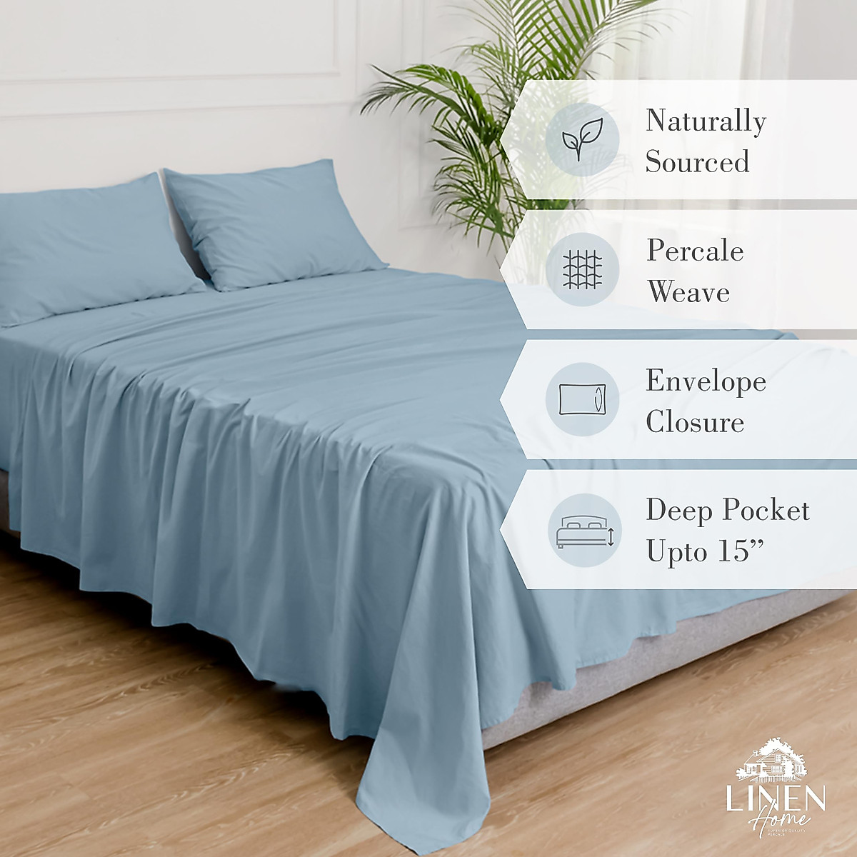 Linen Home Washed Cotton Percale Full Sheet Set, Baby Blue, Preshrunk, 4 Pieces Sets - 1 Flat, 1 Deep Pocket Fitted Sheet & 2 Envelope Closure Pillowcases, Cool and Comfortable Bed Linen
