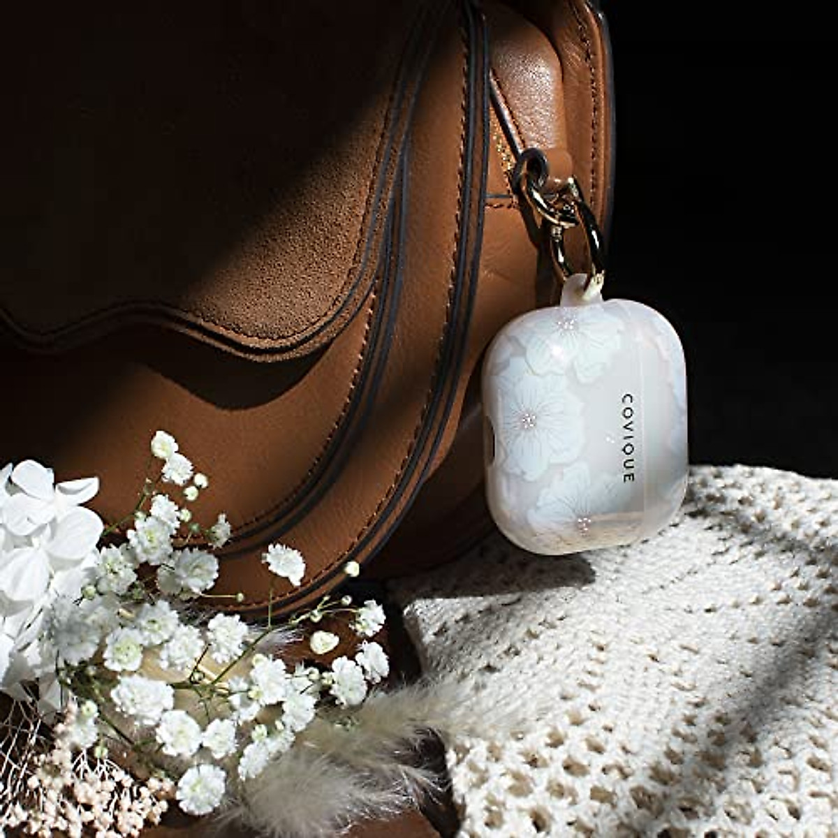 Covique Compatible AirPods 3 Case Cover 2021 | Cute Women Girly Flower, White Poppy Floral Iridescent & Glitter | Protective Shockproof TPU with Keychain Hook for AirPods 3rd Generation Charging Case