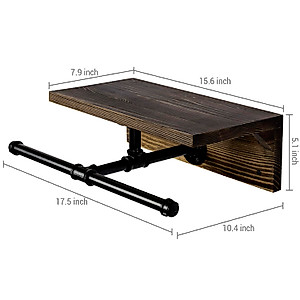 MyGift Wall Mounted Garment Rack with Top Rustic Burnt Solid Wood Shelf, Industrial Matte Black Metal Pipe Storage Clothing Hanger Rod and Display Shelf