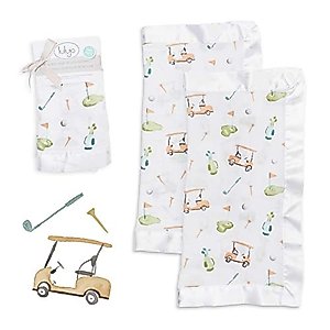 lulujo Baby Security Lovie Blankets| Unisex Softest Breathable Cotton Muslin Security Blanket with Silky Satin Trim| Neutral Comforting Blanket for Girls & Boys | 16in by 16 in| Golf