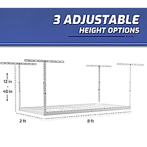 SafeRacks – 2x8 Overhead Garage Storage Rack - Height Adjustable Steel Overhead Storage Rack - 400 Pound Weight Capacity (White, 12"-21")