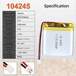 AKZYTUE 3.7V 104245 2000mAh Lithium Ion Polymer Batteries Rechargeable Lipo Battery Pack with PH2.0mm JST Connector
