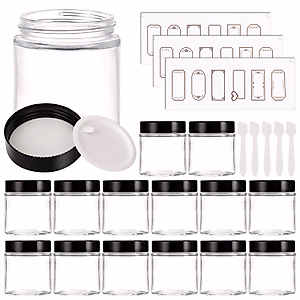 15 Pack 4 oz Clear Glass Jars with Lids, Round Empty Containers for Scrubs, Lotions, Cosmetic, Ointments and Butters, Travel Storage Jar with White Inner Liners £¬Black Lids, lables and Spatulas