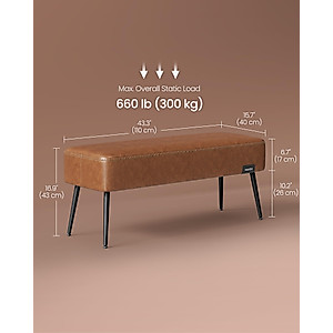 VASAGLE EKHO Collection - Bench for Entryway Bedroom, Synthetic Leather with Stitching, Ottoman Bench with Steel Legs, Living Dining Room, Mid-Century Modern, Loads 660 lb, Caramel Brown ULOM076K01