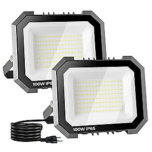 Leddictive 2 Pack LED Flood Lights Outdoor, 100W 10000LM Super Bright Floodlight Outside Work Light with 5.9FT Plug, IP65 Waterproof 6000K Outdoor LED Flood Light for Garage, Yard, Lawn, Garden