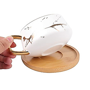 Peohud 2 Pack Ceramic Tea Coffee Cup, 10 OZ Coffee Mug with 304 Stainless Steel Spoon and Bamboo Saucer, Marble Espresso Cups for Latte, Cappuccino, Americano, White and Black