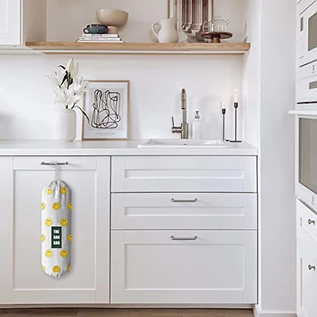 DINGWEN Funny Smiling Face Pattern Grocery Bag Storage Holder, Wall Mount Free Adjustment with Drawstring, Washable Canvas Plastic Organizer, Dispenser ​for Home Kitchen, 23x9 inch