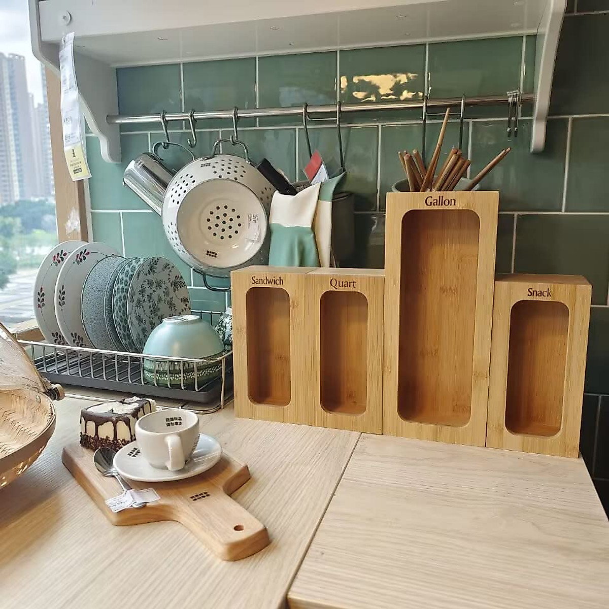 BATUMEYE Bag Storage Organizer Holder - Premium Moso Bamboo Kitchen Drawer Organizer Dispenser Compatible with Ziploc, Solimo, Glad, Hefty for Gallon, Quart, Sandwich & Snack