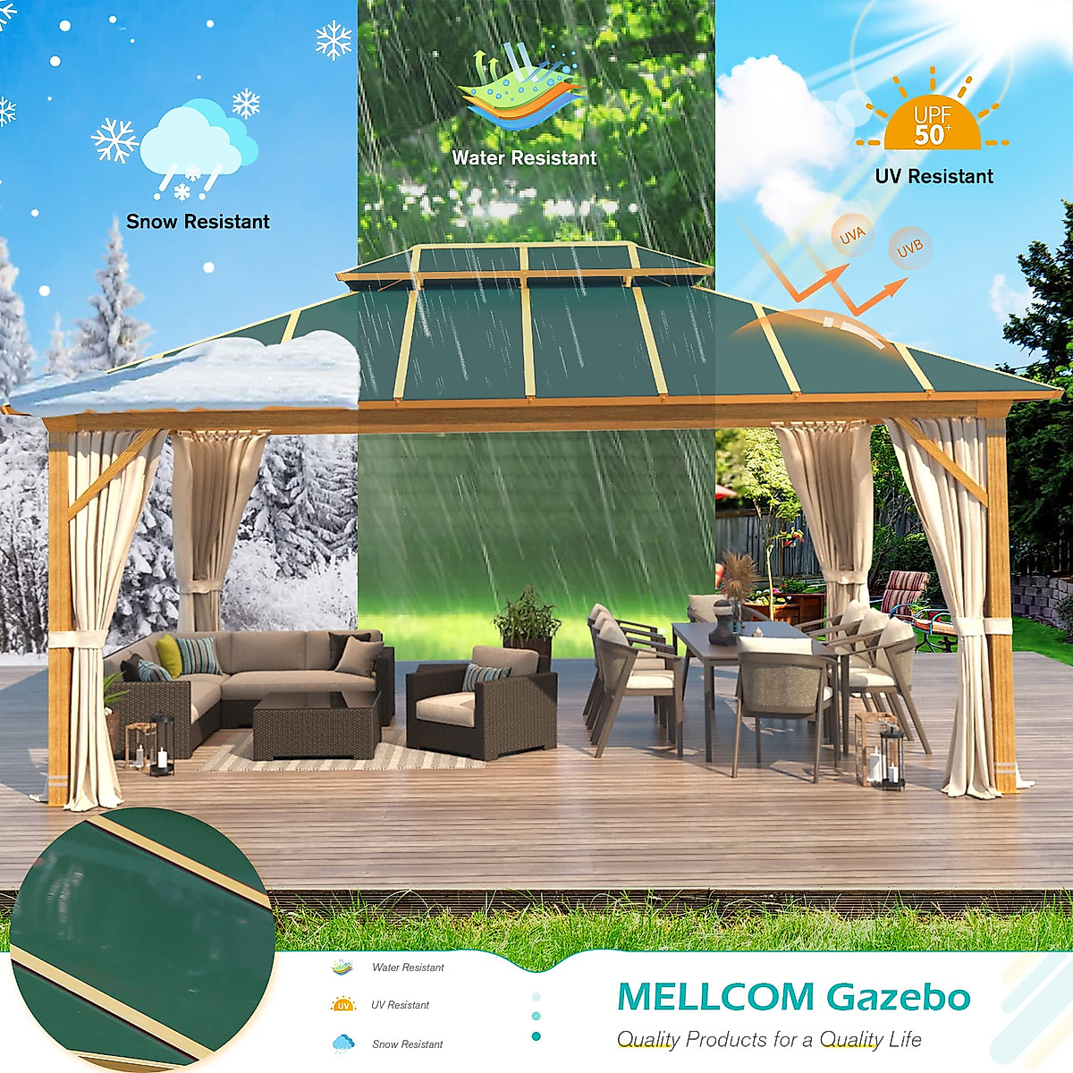 MELLCOM 12' x 16' Hardtop Gazebo, Wooden Grain Coated Aluminum Frame Outdoor Gazebo with Aluminum Double Roof, Claret Metal Gazebo with Curtains and Nettings for Patios, Gardens, Lawns